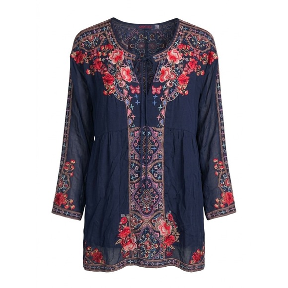 Johnny Was | Tops | Johnny Was Navy Blue Cupra Rayon Floral Embroidered ...